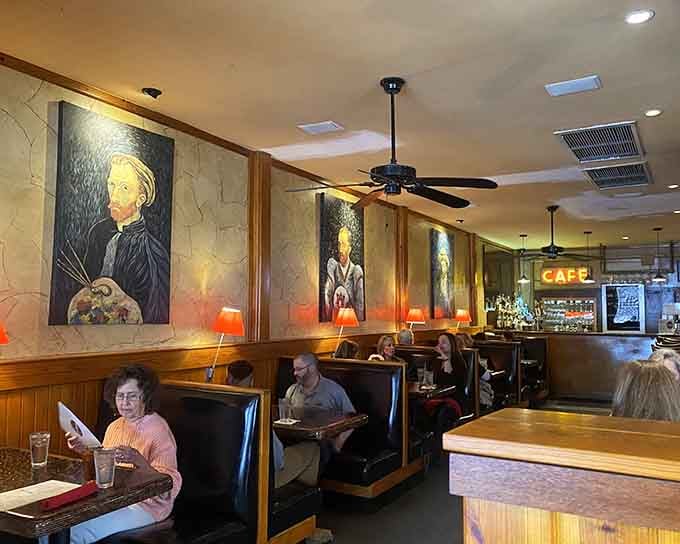 Van Gogh-inspired artwork adorns the walls, turning your lunch break into an impromptu museum visit with better food.