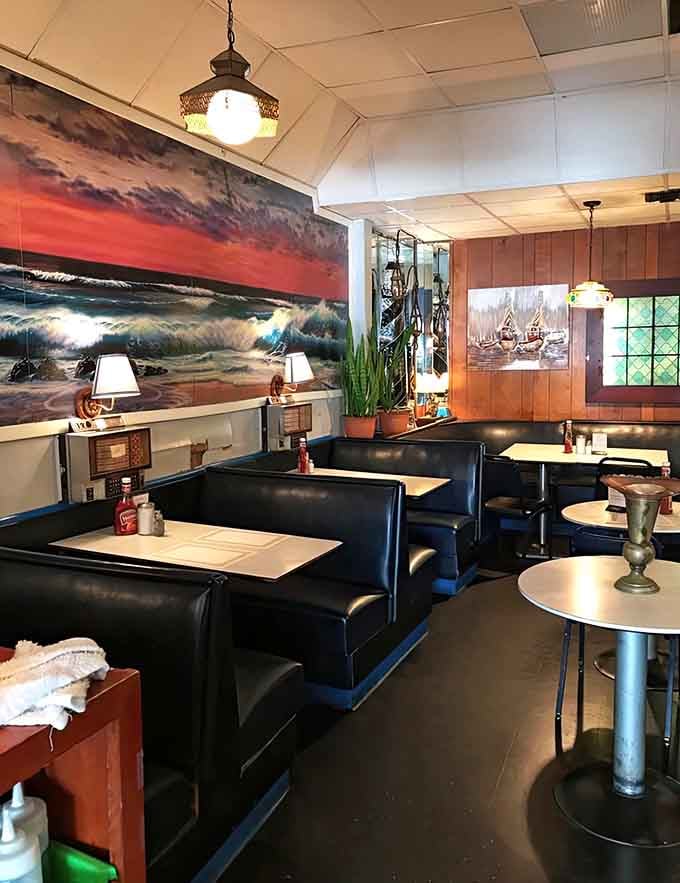 Ocean sunset murals and cozy booths transport you somewhere between a cruise ship and your favorite childhood diner memory.