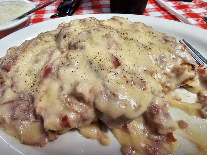 Chipped beef on toast with home fries, proving simple done right beats fancy every time.