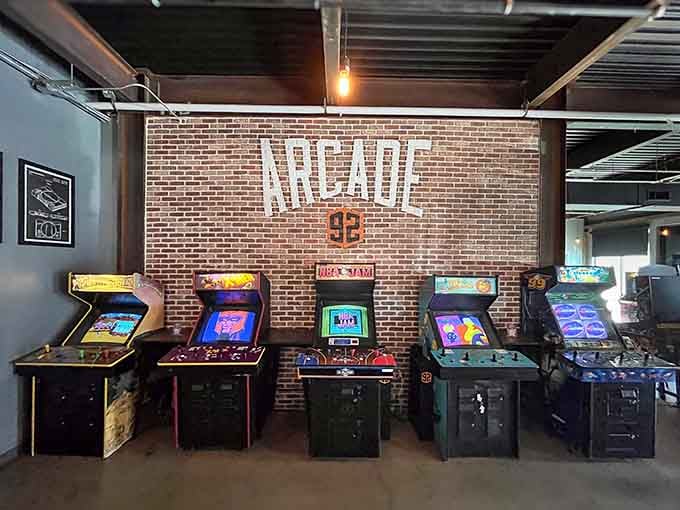 A lineup of classic cabinets against exposed brick that would make any child of the 80s weep with joy.