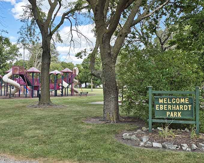 Eberhardt Park provides a peaceful spot for picnics and play, where families can relax between shopping expeditions downtown.