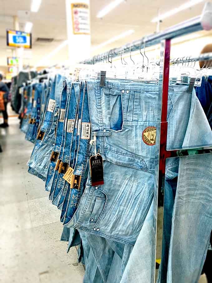 Designer denim dreams hang within reach, proving great style doesn't require selling your kidney or firstborn child.