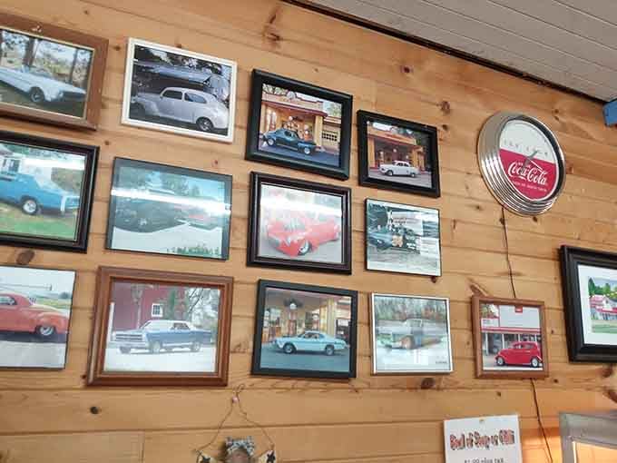 Classic car photos line the walls, turning lunch into a nostalgic trip down memory lane.