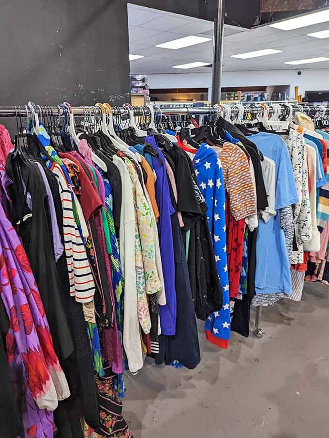 Racks of clothing offering style options that prove fashion doesn't require taking out a second mortgage on your house.