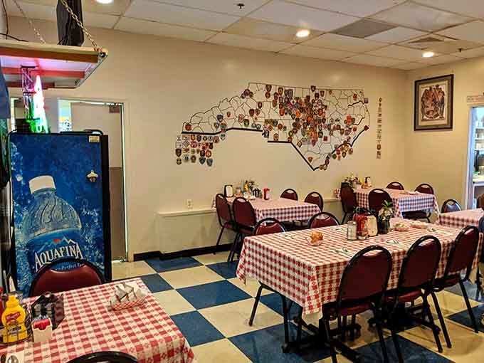 Fire department patches from across North Carolina create a wall of honor worth studying between bites.