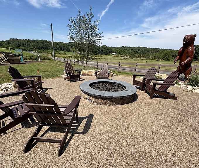 Fire pit seating arranged in a circle, ready for stories, s'mores, and debating who's the best campfire chef.