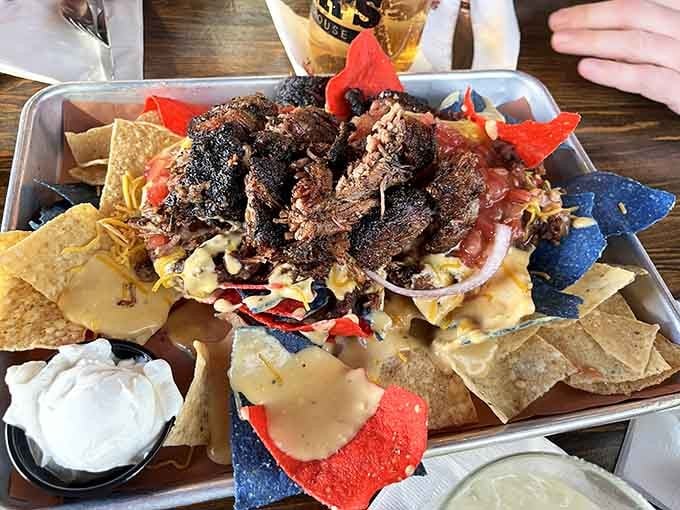 Patriotic chips loaded with burnt ends and cheese, because sometimes nachos need to get serious about their protein.