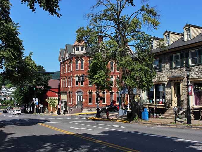 Tree-lined streets and brick buildings create scenes that belong on postcards you'd actually want to send home.