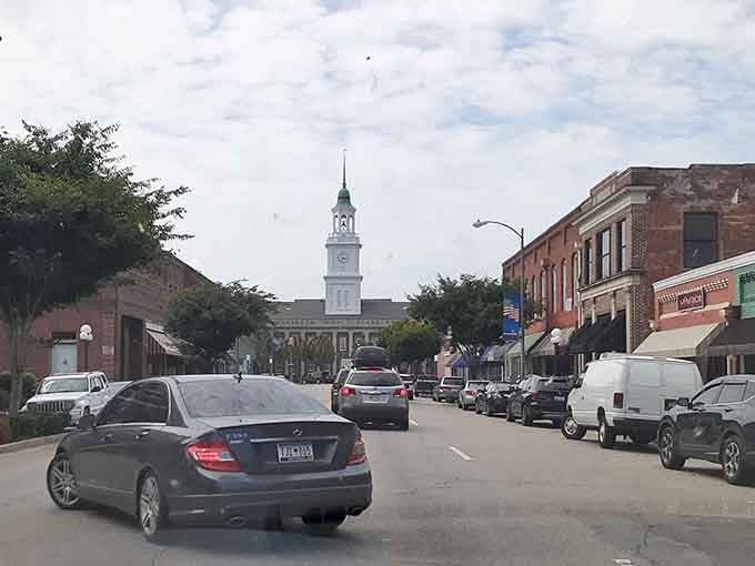 Main Street's view of the courthouse tower reminds you that some things were built to impress.