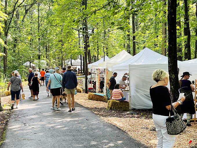 Festival tents line the path where artists gather to tempt you with things you didn't know you needed.