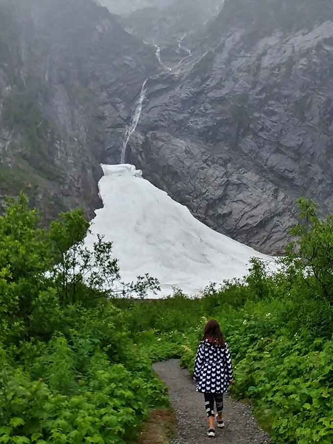 That massive snow deposit looks like someone forgot to put away winter, creating summer's coolest contradiction.