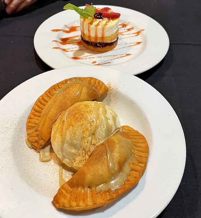 Dessert options that include cheesecake and empanadas, because why choose between fancy and fun when you can have both?