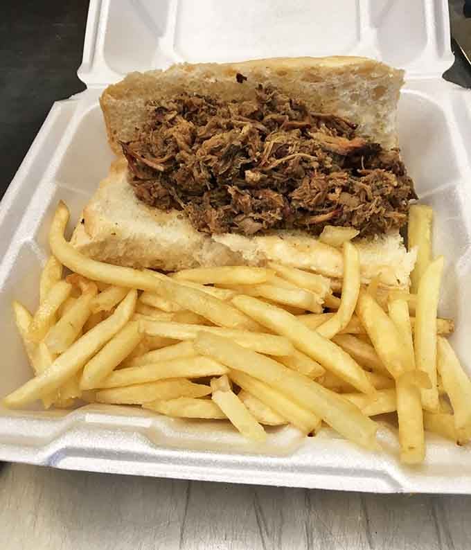 Pulled pork piled so high it's practically defying physics, with fries for structural support and moral encouragement.