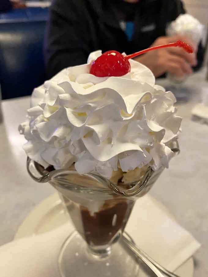 This chocolate sundae topped with whipped cream and a cherry is Instagram-ready and taste bud approved simultaneously.