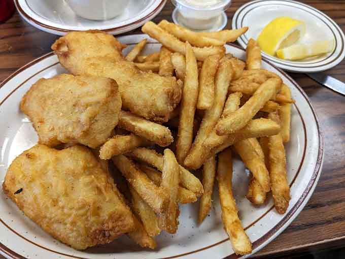 Fish and chips golden enough to make you forget you're nowhere near an ocean or coastline.