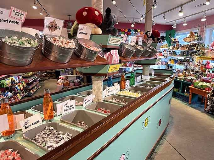 Vintage taffy bins painted aqua blue transform candy selection into a charming seaside treasure hunt.
