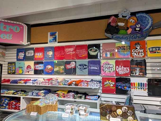 Candy-themed merchandise lines the walls, turning sugar obsession into a legitimate lifestyle choice you can wear.