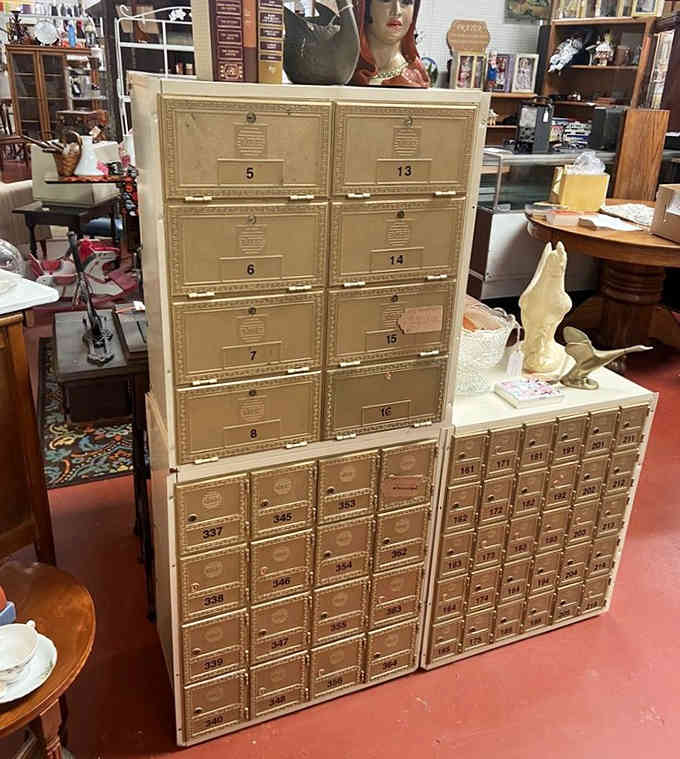 Vintage post office boxes that once held love letters, bills, and probably a few overdue library notices too.
