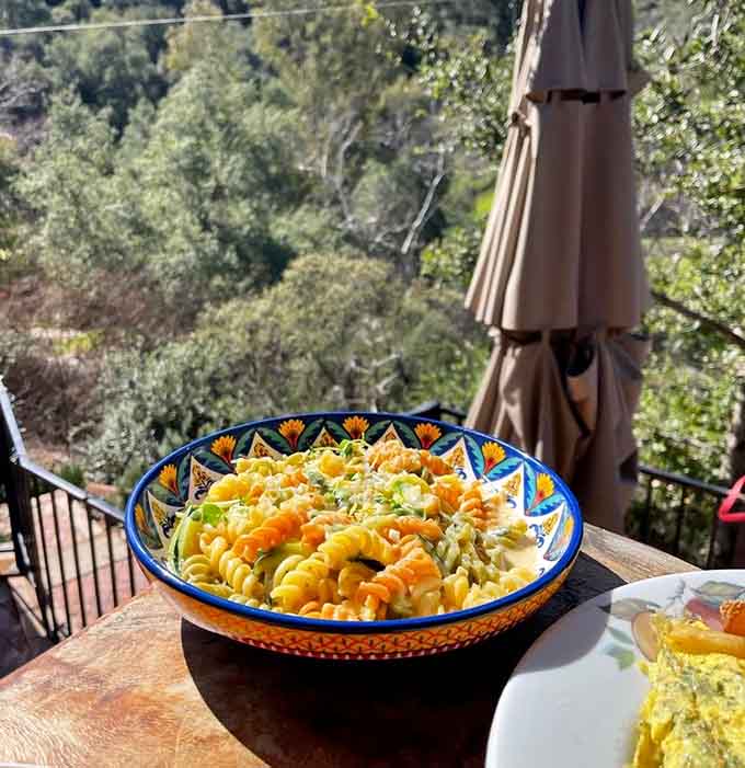 Colorful pasta in a hand-painted bowl with a canyon backdrop, proving carbs taste better when surrounded by natural beauty.