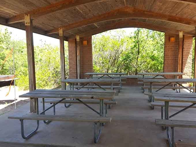 Covered picnic shelters provide shade and protection, perfect for lunch without becoming lunch for the sun.