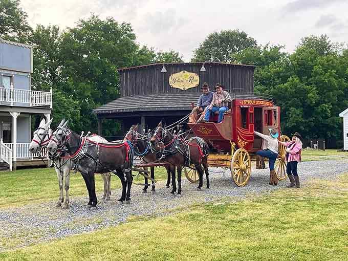 A horse-drawn stagecoach brings authentic frontier transportation to life, offering rides that beat walking through dusty streets any day.