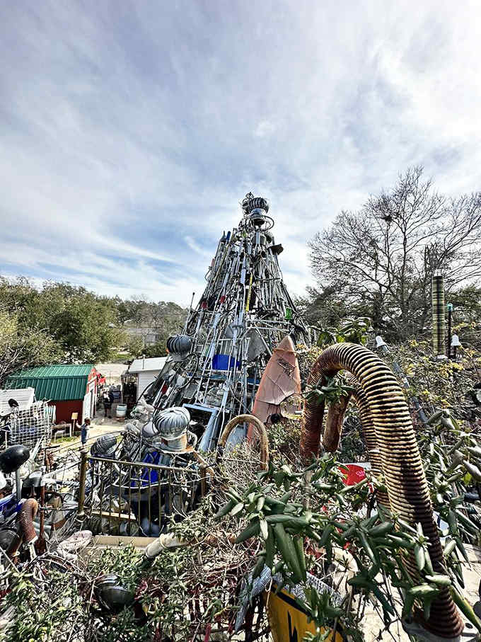 The view from above reveals a backyard transformed into something between sculpture garden and fever dream.