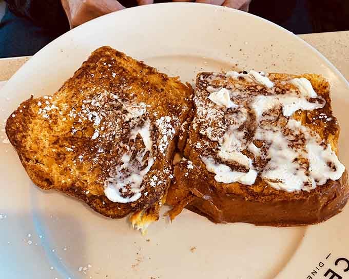 French toast dusted with powdered sugar, golden and perfect, making you forget that salad you promised yourself.