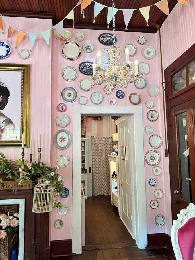 Pink walls meet decorative plates in a doorway that basically screams "come explore the wonderland beyond" with enthusiasm.