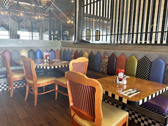 Seating so vibrant and eclectic, you'll spend five minutes just deciding which patchwork booth speaks to your soul.