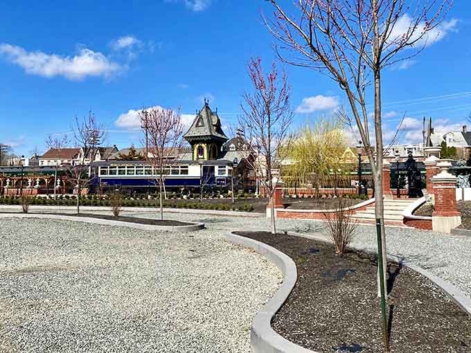 The station grounds blend historic railway equipment with modern landscaping, creating a photographer's paradise in downtown Boyertown.