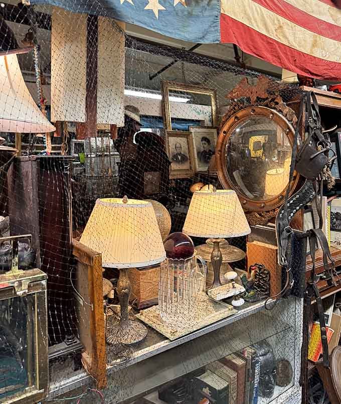 Vintage lamps and Americana create a nostalgic display that would make any antique dealer jealous.
