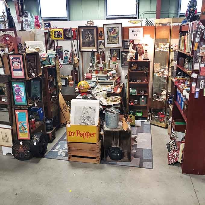 Dr Pepper crate meets vintage guitar meets framed memories: organized chaos that somehow makes perfect sense to treasure hunters everywhere.