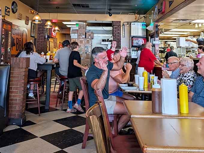 A packed dining room at lunch means either everyone here knows something special or they're all related and very hungry.