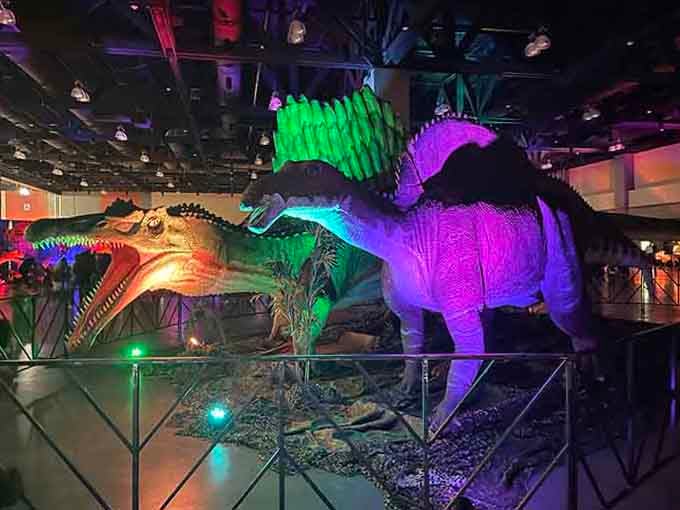 These dinosaurs are having a prehistoric party, and the lighting designer absolutely understood the assignment perfectly.