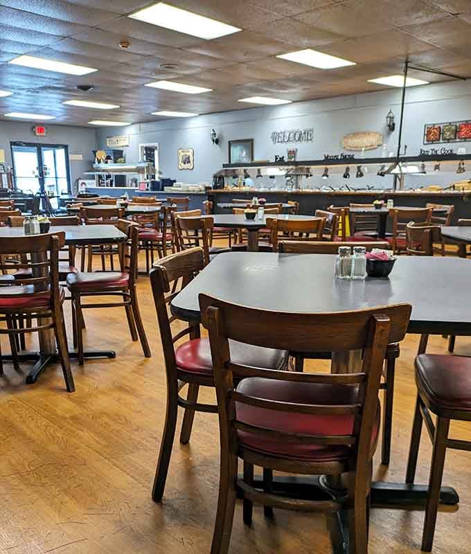 Wooden tables and comfortable chairs create the perfect setting for serious eating and even more serious conversation.