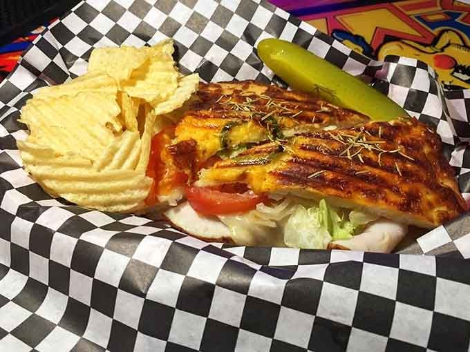 Fresh vegetables and perfectly grilled bread make this panini a serious meal, not just arcade fuel anymore.