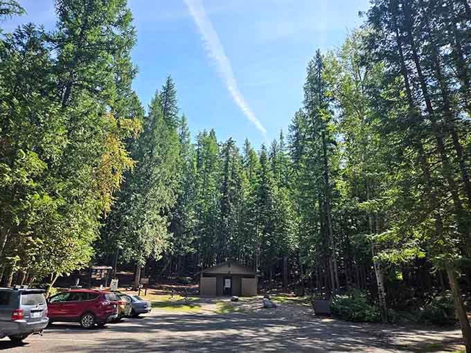 The parking lot under towering evergreens, where your adventure into the underworld officially begins with solid ground.