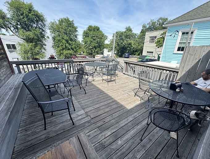 Outdoor deck seating where you can enjoy mountain breezes with your pizza&mdash;Virginia living at its finest.