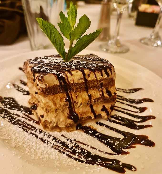 Tiramisu layered with mascarpone and espresso-soaked ladyfingers, drizzled with chocolate like edible art on a plate.