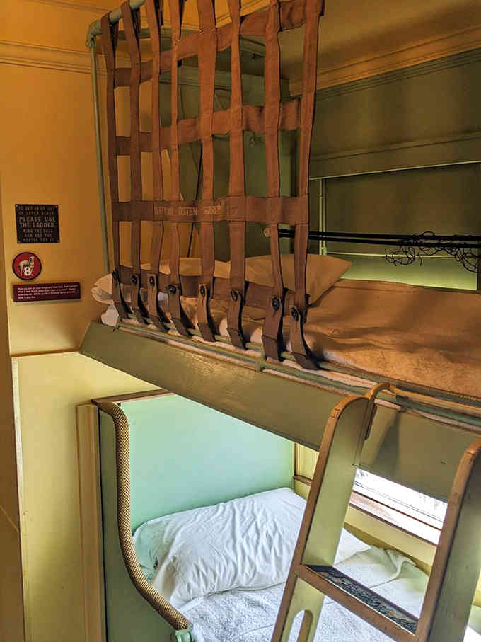 Soldiers caught precious moments of rest in bunks like these during brief stops on their long journeys to war.
