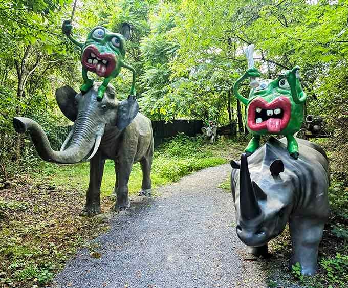 These grinning dinosaur-headed creatures guarding the path prove that not every prehistoric predator needs to look terrifying to be memorable.