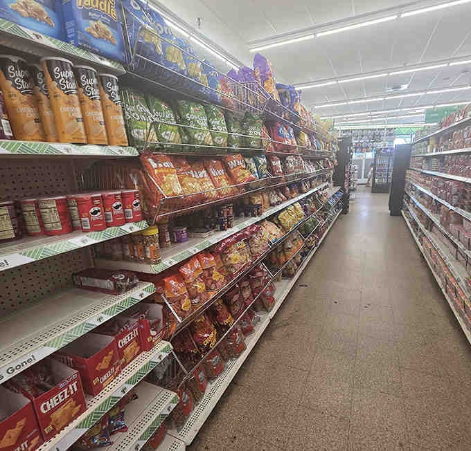 Snack shelves stocked floor to ceiling with salty, sweet, and everything-in-between treats for every craving imaginable.