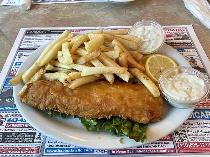 Golden-fried fish with a mountain of fries proves that sometimes the classics are classic for very good reasons.