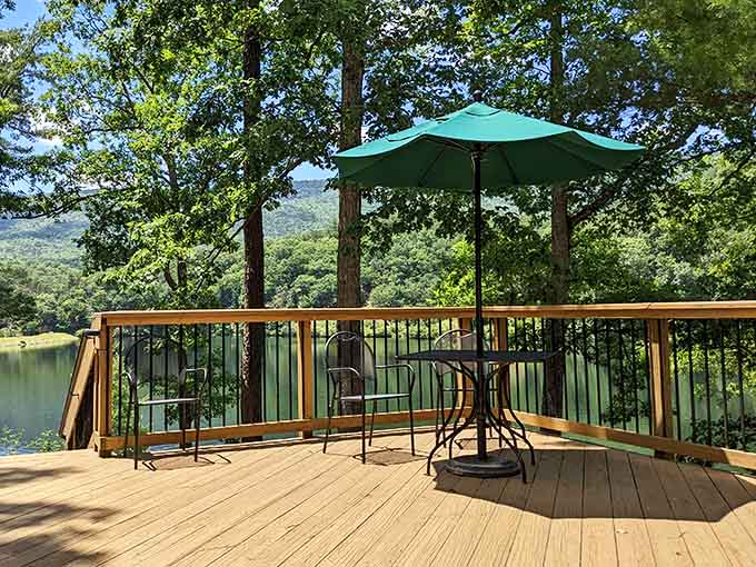 Morning coffee tastes infinitely better when sipped on a deck overlooking pristine mountain lake waters.