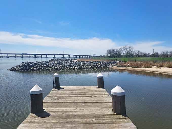 Watersedge Park's dock extends into peaceful waters, offering million-dollar views at thousand-dollar rent prices.