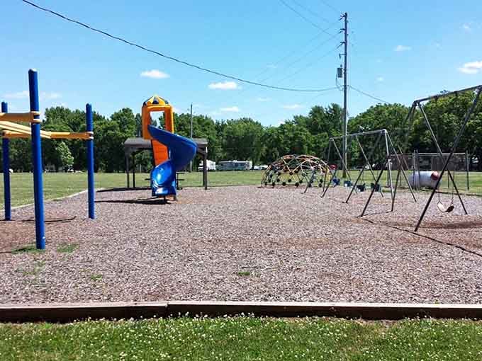 Bright slides and swings ready to transform restless grandkids into happily exhausted angels by dinnertime, guaranteed success.