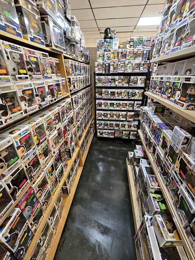 Pop culture figures line the shelves like a convention for every fandom you've ever loved.