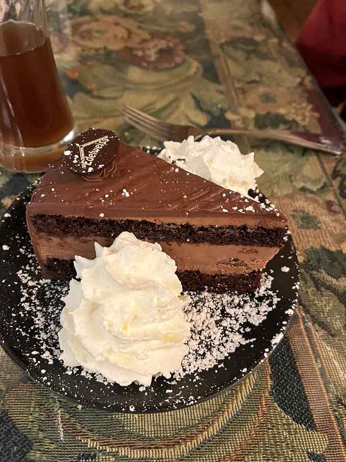Chocolate cake so rich it probably has its own financial advisor, served with whipped cream for good measure.
