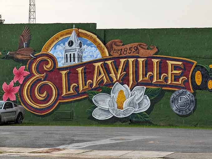 This mural celebrates Ellaville's heritage with more color than your grandmother's flower garden in full bloom.