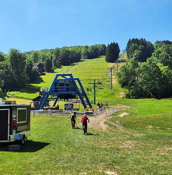 Summer mountain biking trails wind through green hillsides where gravity becomes your frenemy with spectacular valley views below.